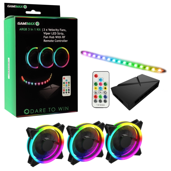 GameMax Addressable RGB 120mm Velocity 3-in-1 Case Fan Kit with Hub and ...